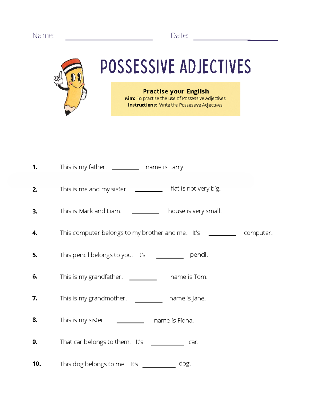 POSSESSIVE ADJECTIVES Practice Exercise - Studocu