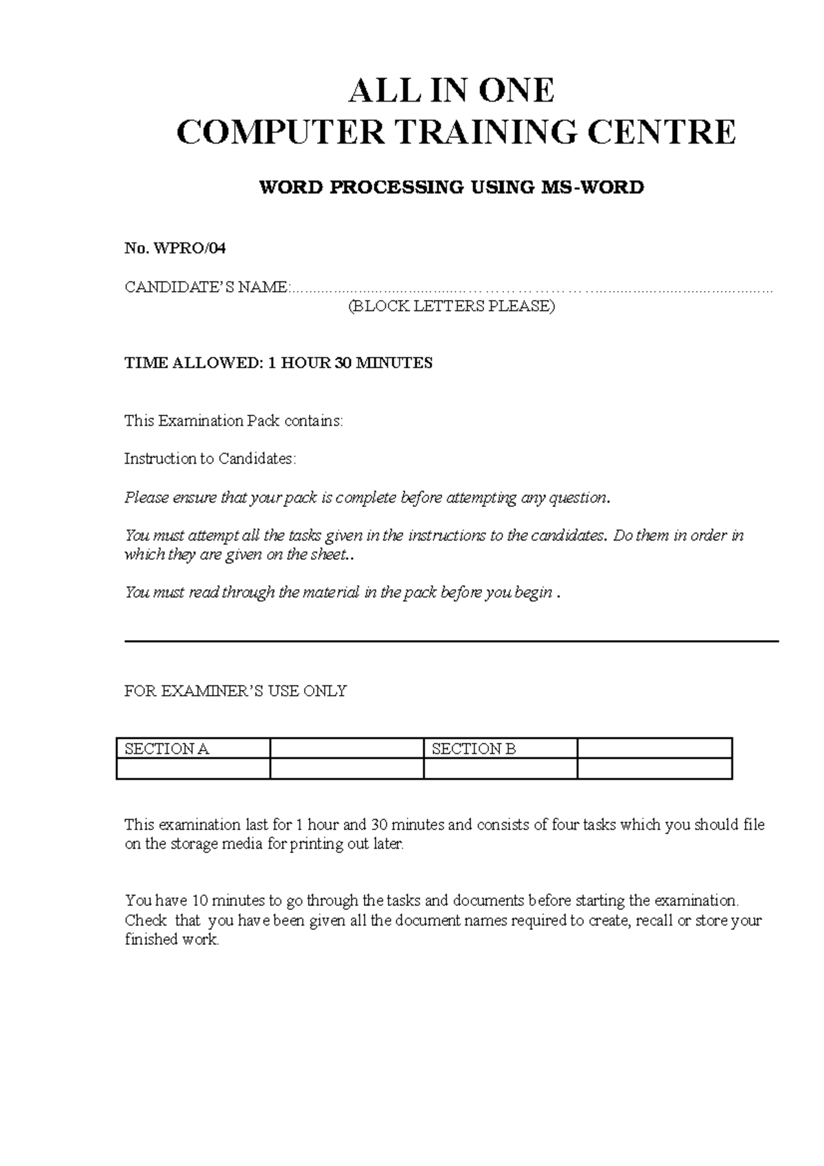 MS WORD EXAM and Assessment test - ALL IN ONE COMPUTER TRAINING CENTRE ...
