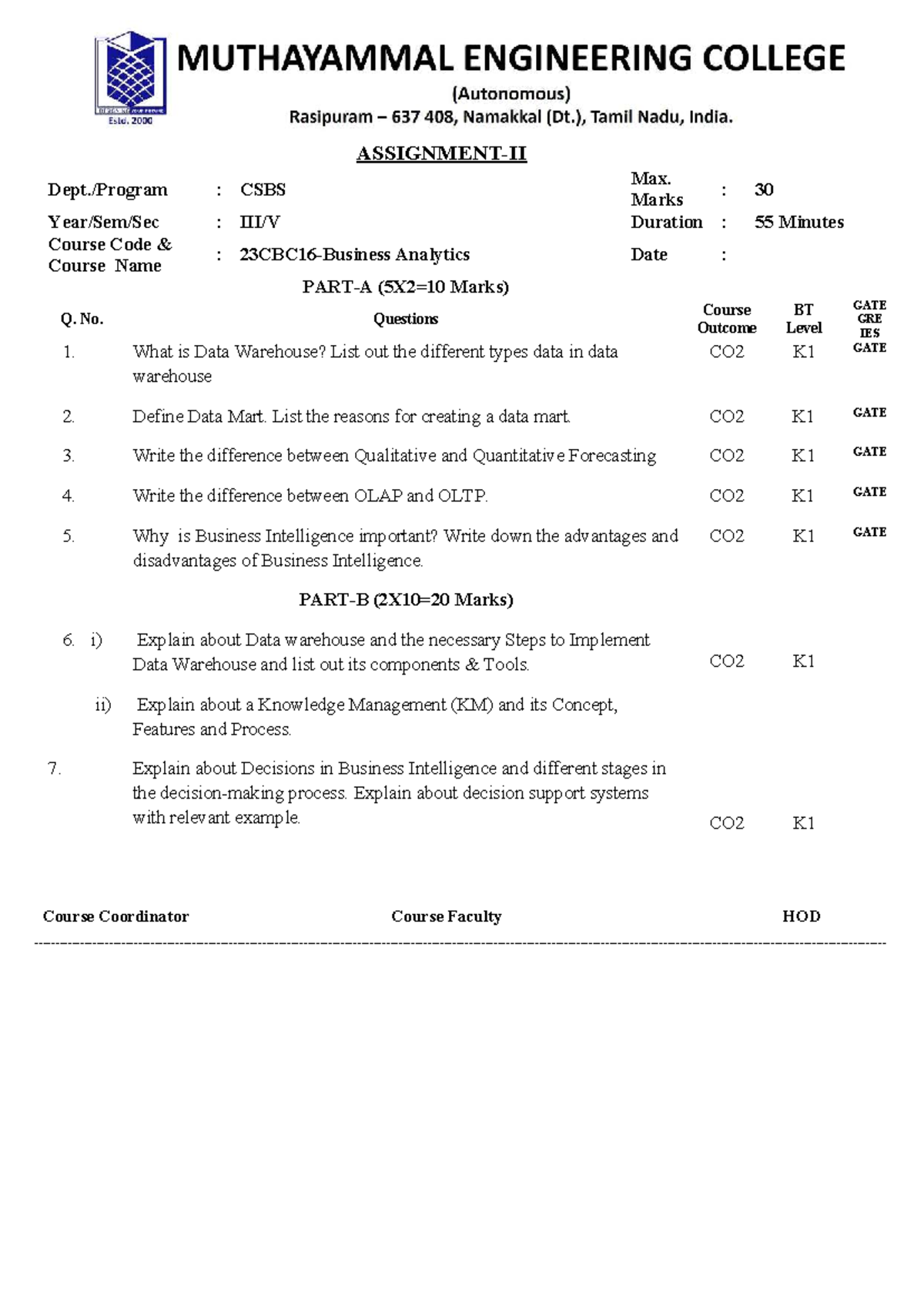 CSBS Assignment Model QP: Analytics Questions & Course Outcomes - Studocu