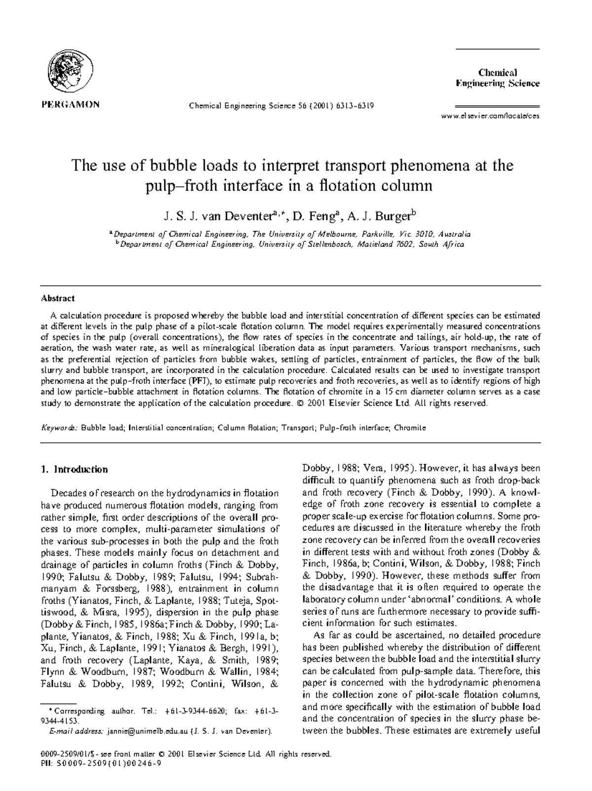 Chemical Engineering Science 56: Bubble Loads & Transport Phenomena ...