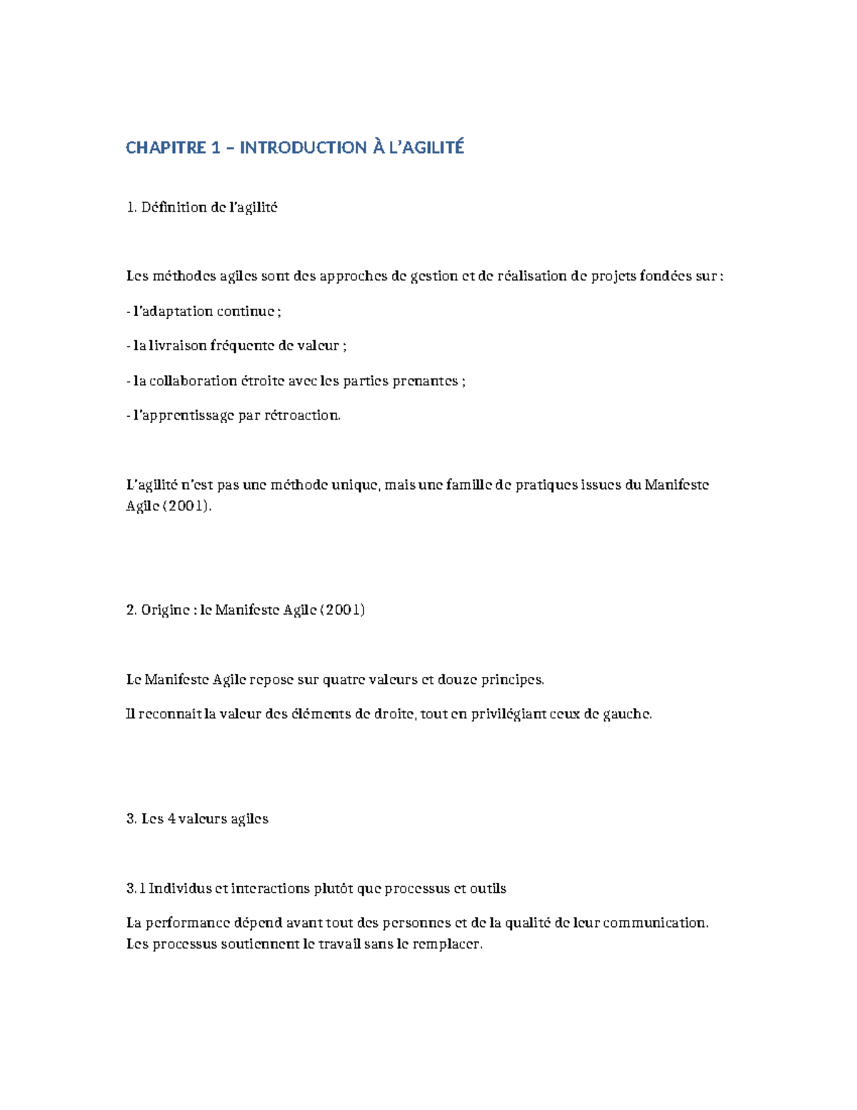 Chapitre 1 : Introduction à l'Agilité et Méthodes Agiles - Studocu
