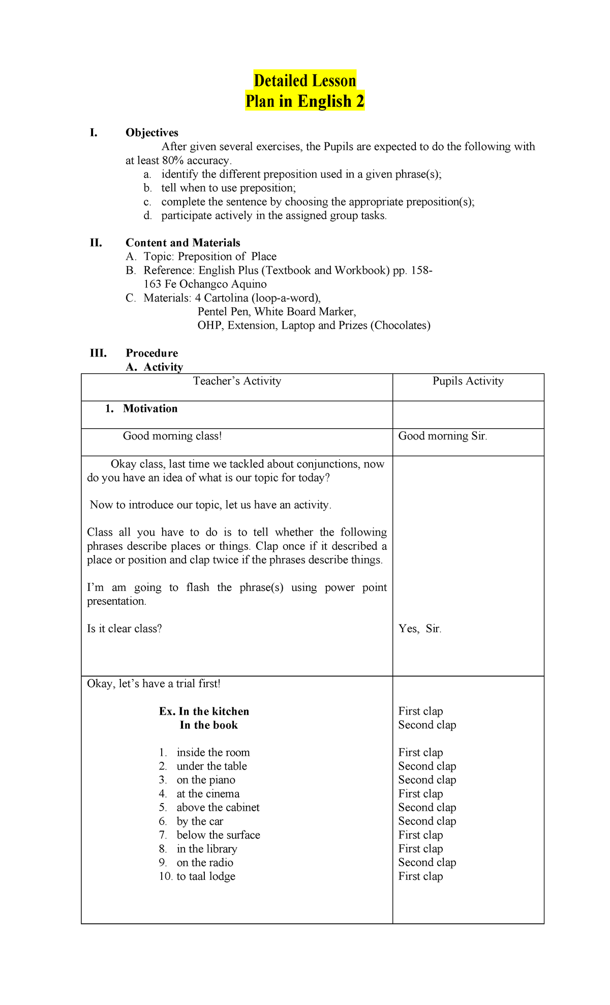 English 2: Detailed Lesson Plan on Prepositions of Place - Studocu