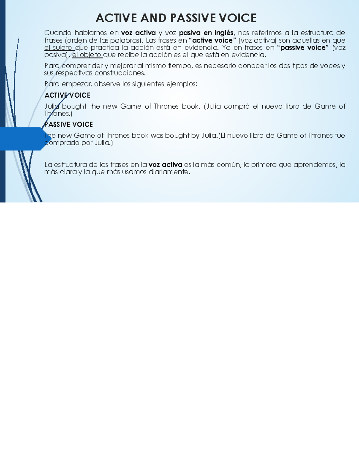 ACTIVE AND PASSIVE VOICE: Understanding Structures and Examples - Studocu