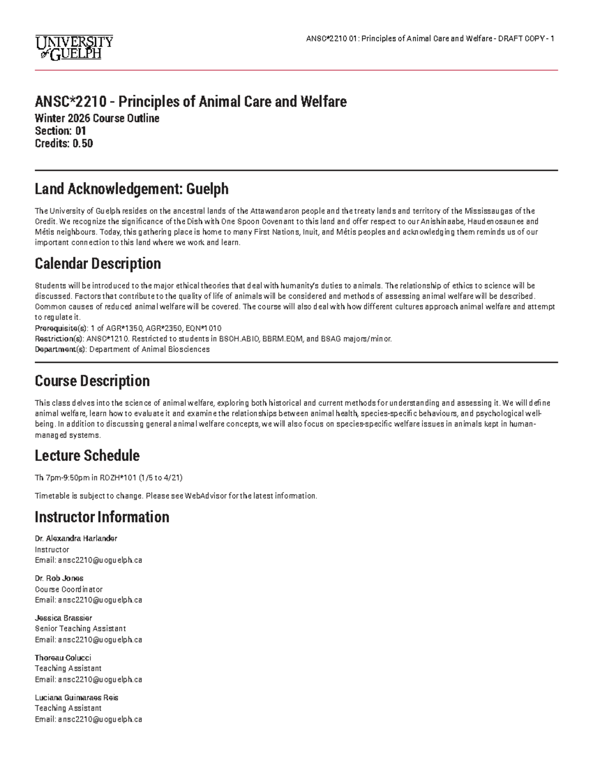 ANSC 2210: Principles of Animal Care and Welfare Course Outline Winter ...
