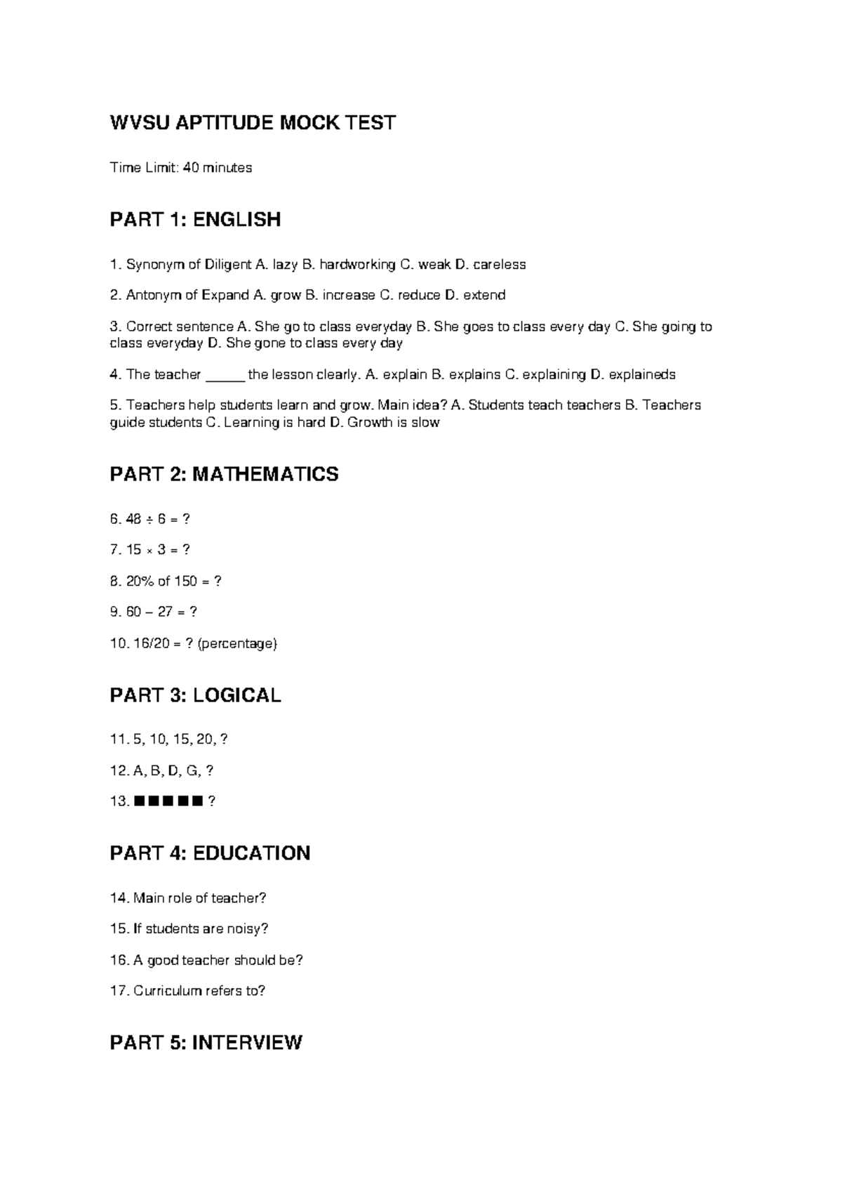 WVSU Aptitude Mock Test: English, Math, Logic & Education - Studocu