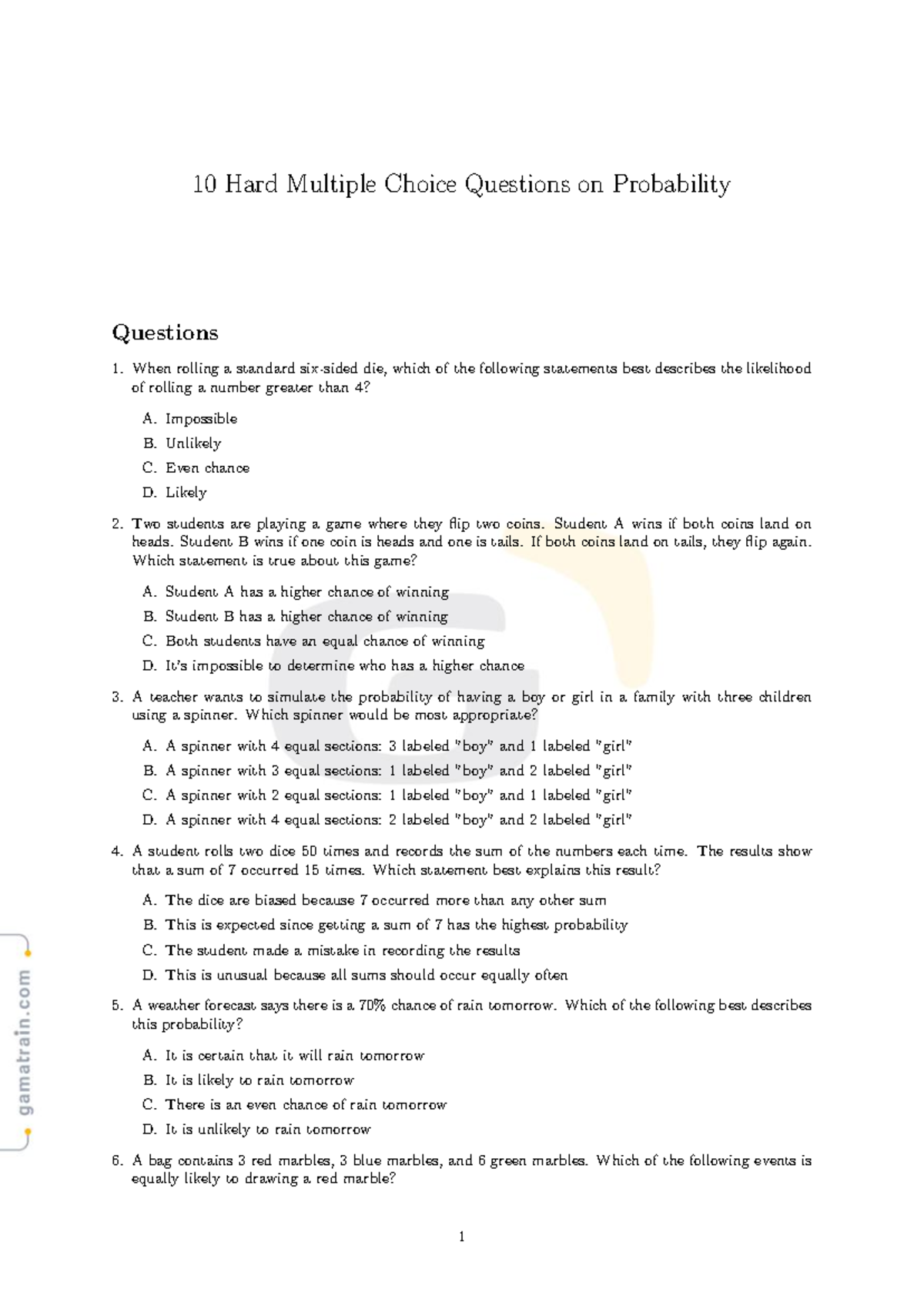 MCQ on Probability for Course 41059: Gamatrain Computer Science - Studocu