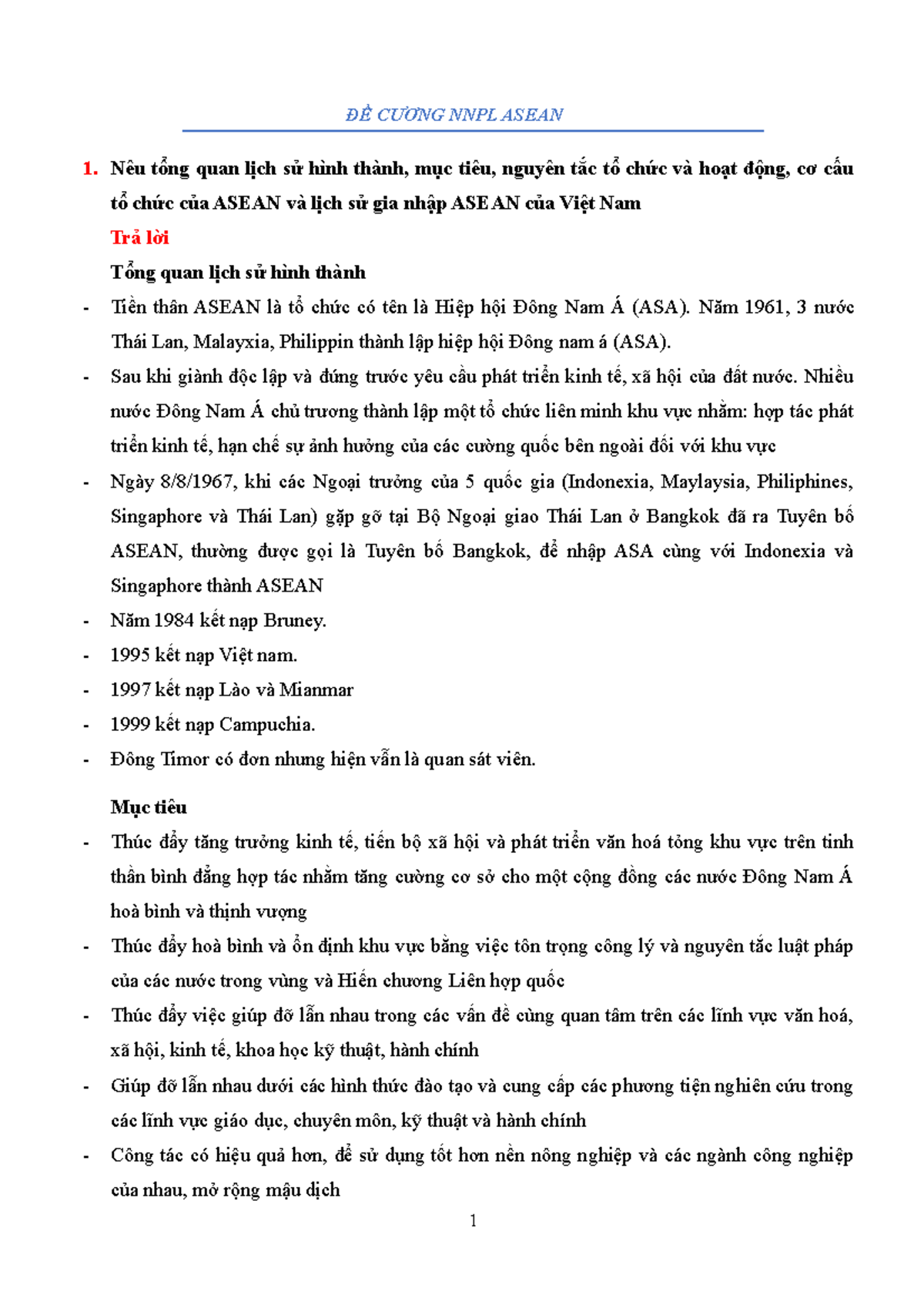 ĐỀ CƯƠNG MÔN NNPL VỀ ASEAN: Lịch Sử, Cơ Cấu, và Mục Tiêu - Studocu