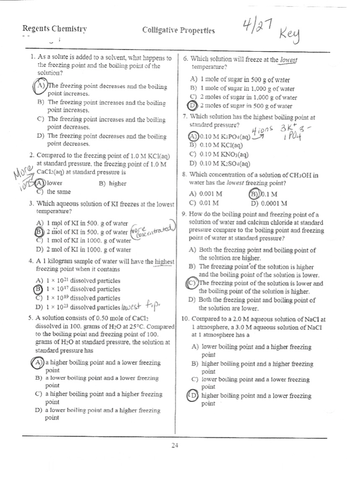 Chemistry Regents Practice: Answer Keys and Solutions Guide - Studocu
