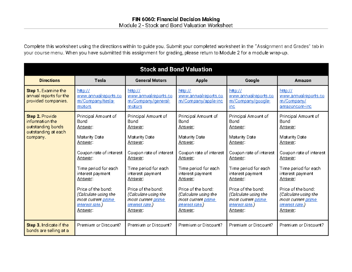 FIN 6060 Module 2 Worksheet - FIN 6060: Financial Decision Making Module 2 - Stock and Bond ...