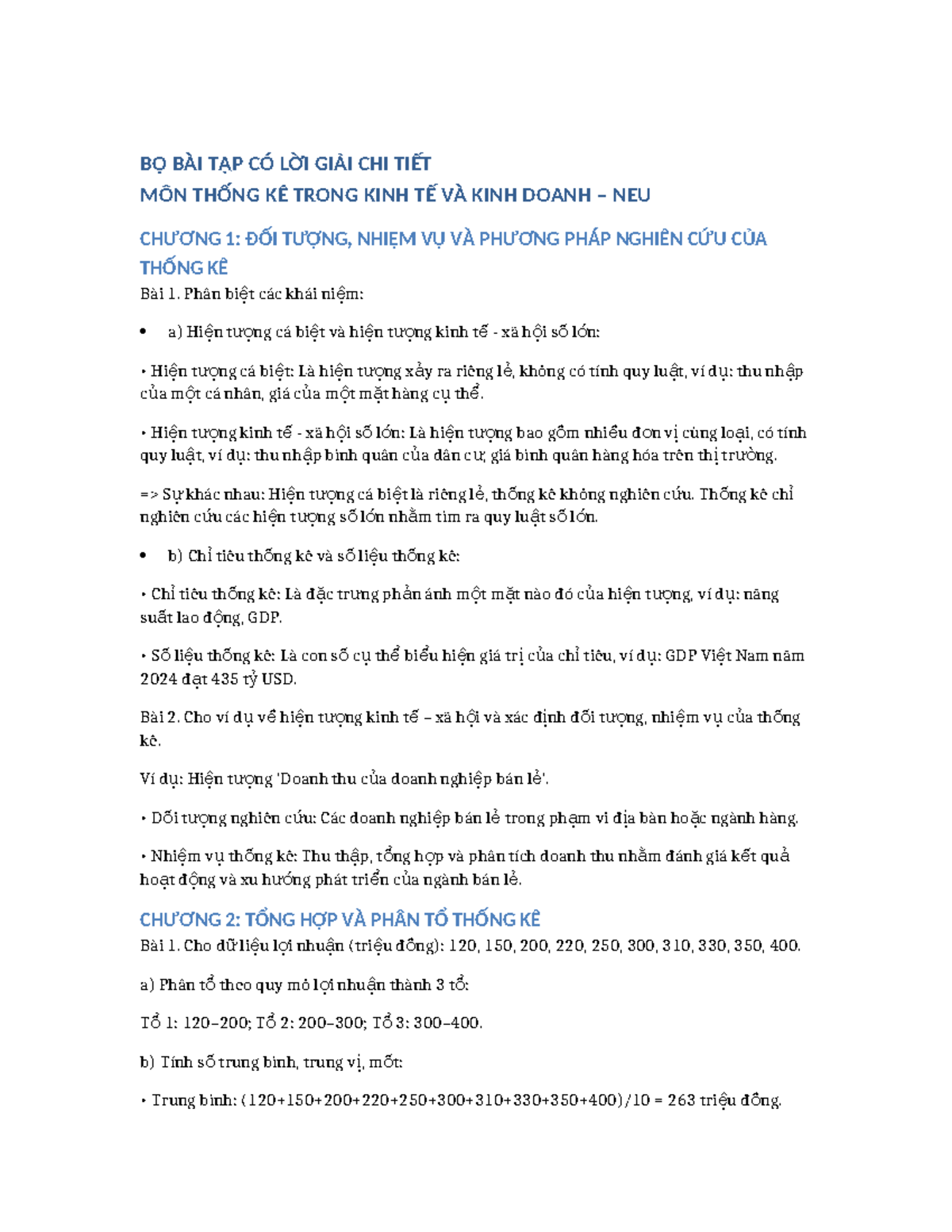 Bài Tập Thống Kê NEU: Giải Chi Tiết Các Chương và Bài Tập - Studocu