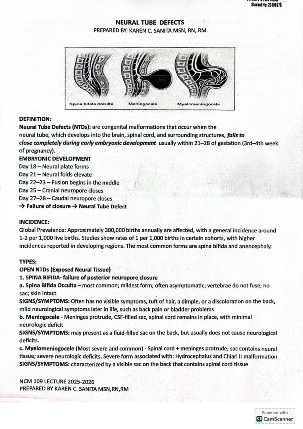 NCM 109 LECTURE: Neural Tube Defects Overview and Management - Studocu