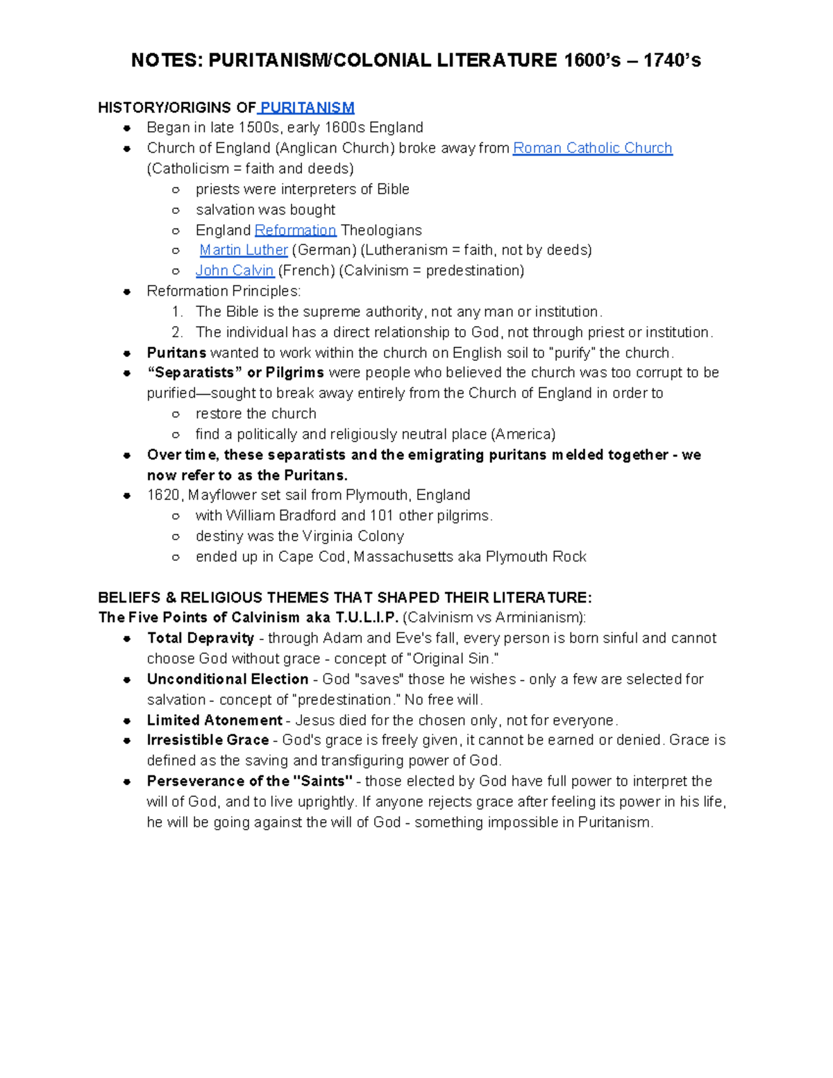 ENG 101: Puritanism Literature Notes - Themes & Beliefs Explained - Studocu