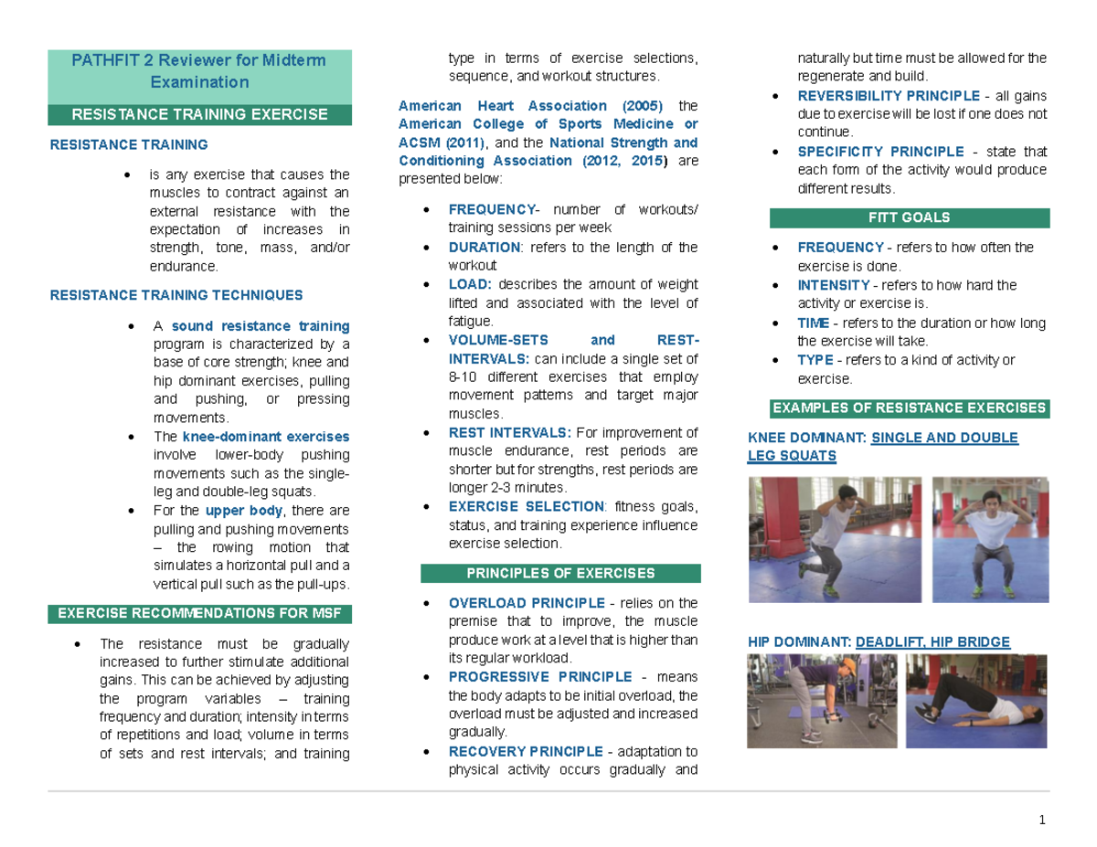 PATHFIT 2 Midterm Reviewer: Resistance Training Techniques & Principles ...