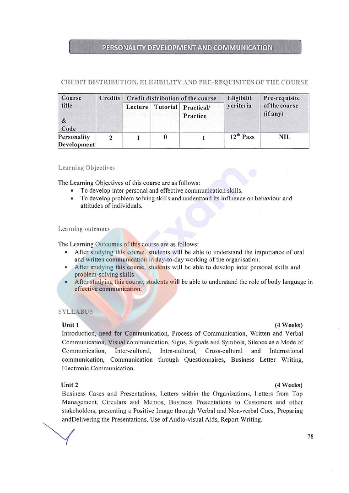 PERSONALITY DEVELOPMENT & COMMUNICATION SYLLABUS (Course Code: PD 101 ...