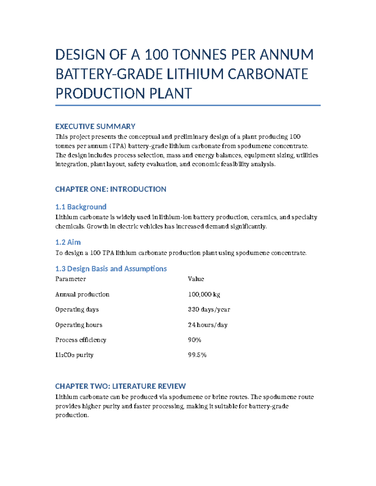 Lithium Carbonate Production Plant Design Project (100 TPA) - Studocu