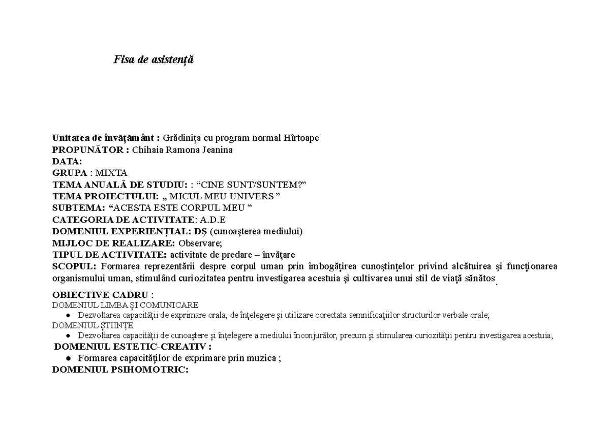 Fisa de asistenta la ora, practică pedagogică - Fisa de asistență Unitatea de învățământ ...
