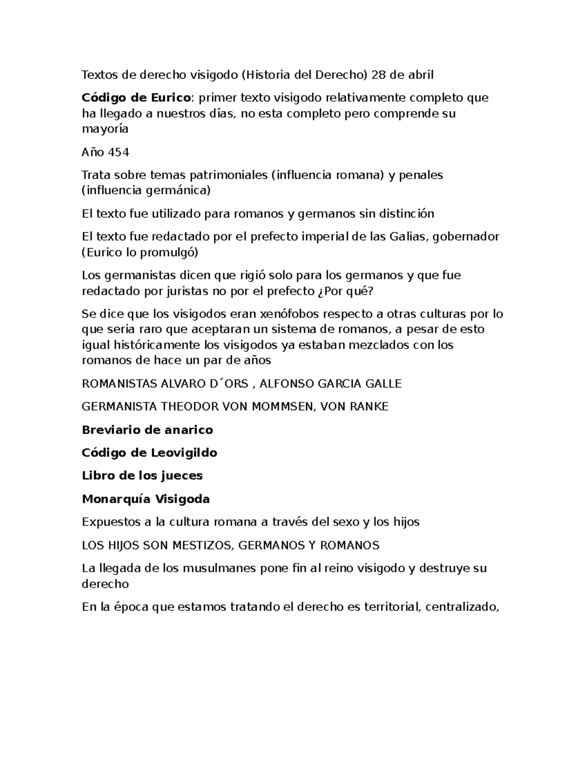 Textos de Derecho Visigodo: Análisis del Código de Eurico - Studocu