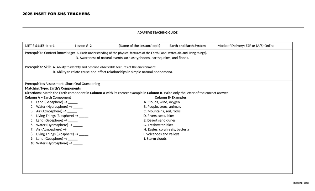 2025 INSET FOR SHS TEACHERS: Adaptive Teaching Guide on Earth's Systems ...