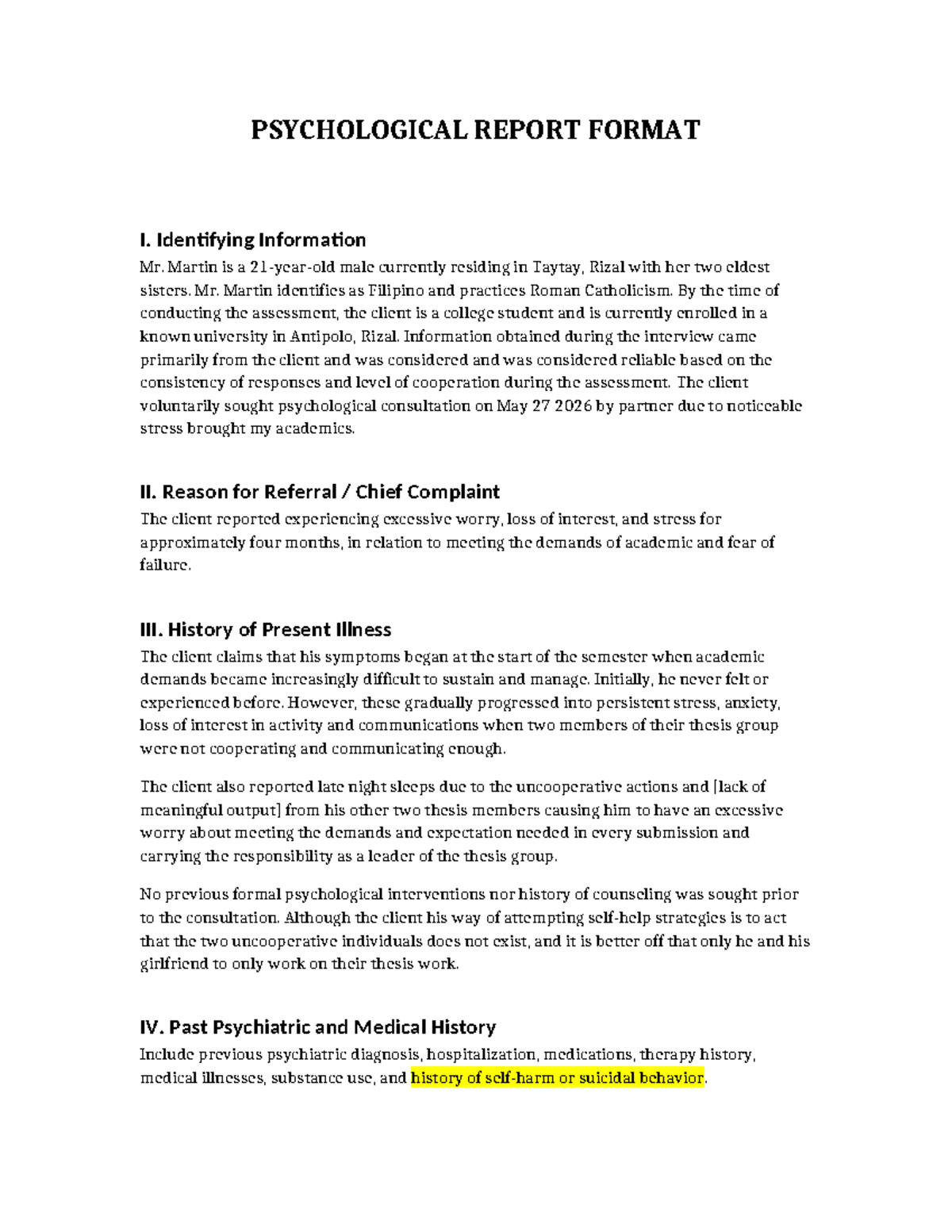 PSY 101: Psychological Report Template for Assessment and Diagnosis ...
