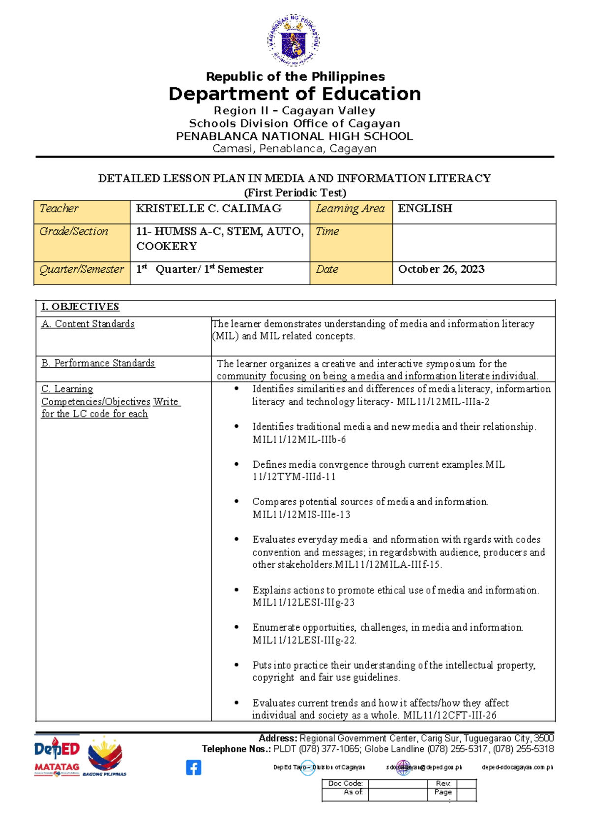 Detailed Lesson Plan for Media & Information Literacy (DLP-EXAM) - Studocu