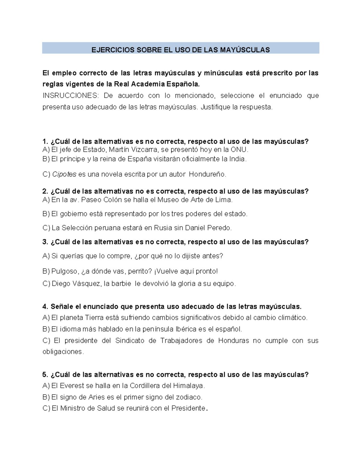 Ejercicios de Opción Múltiple: Uso de Mayúsculas en Español - Studocu