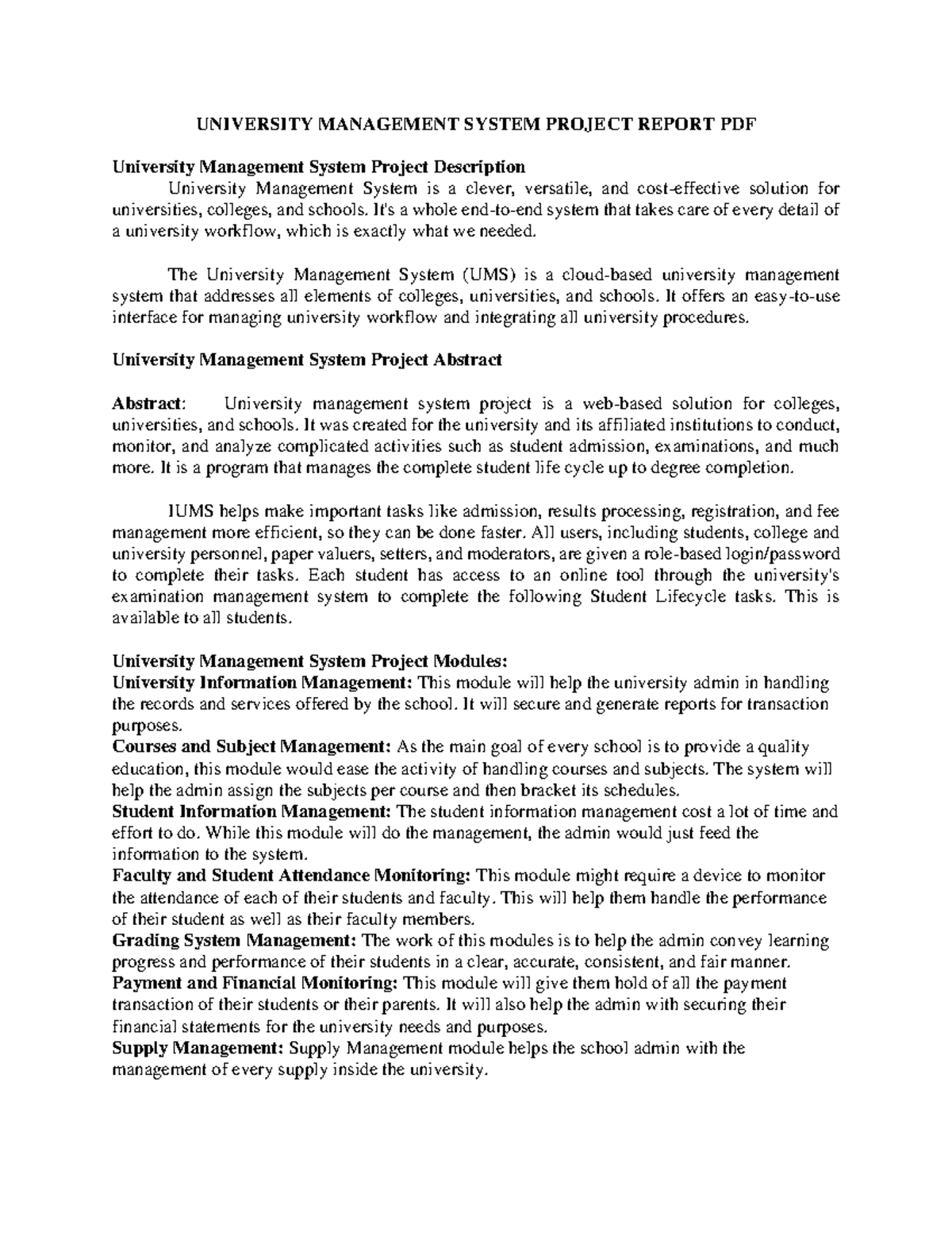University Management System Project Report PDF - UNIVERSITY MANAGEMENT ...
