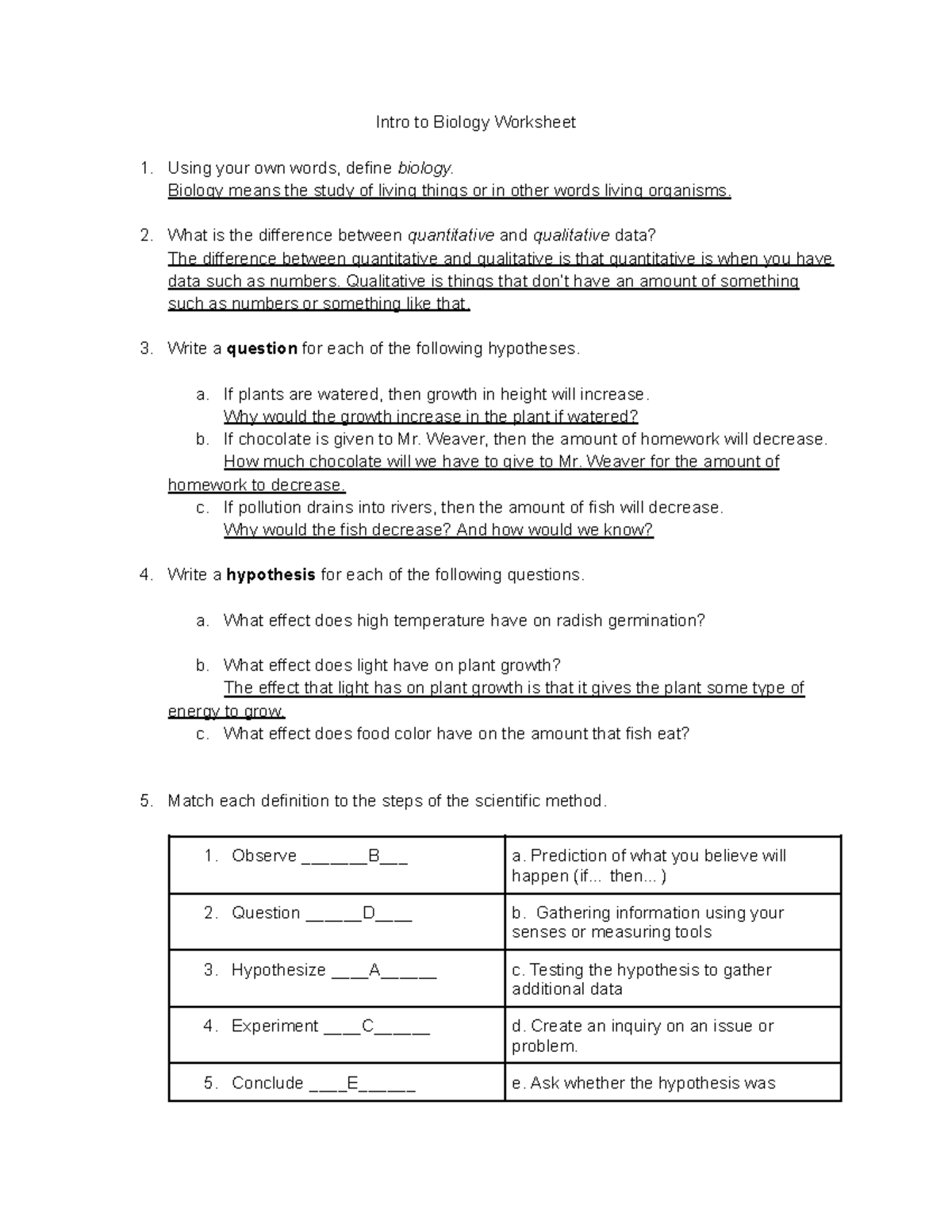 intro to Biology Worksheet - Intro to Biology Worksheet Using your own ...