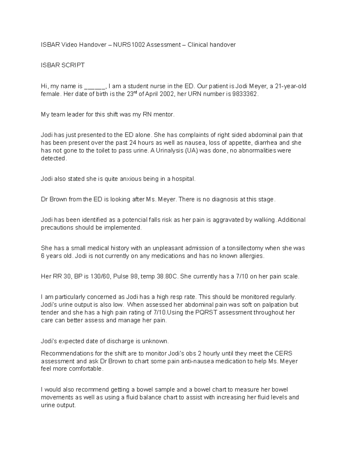 ISBAR Assessment Template - NURS1002 Assessment 2 - Patient Written ...