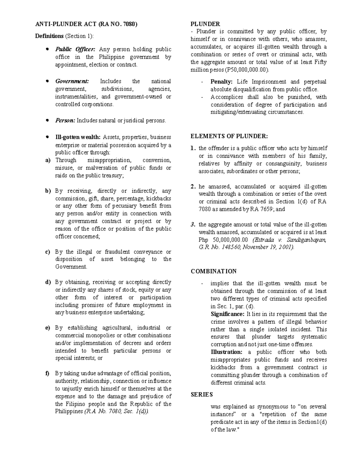 ACT (RA NO. 7080) Overview: Definitions and Elements of Plunder - Studocu
