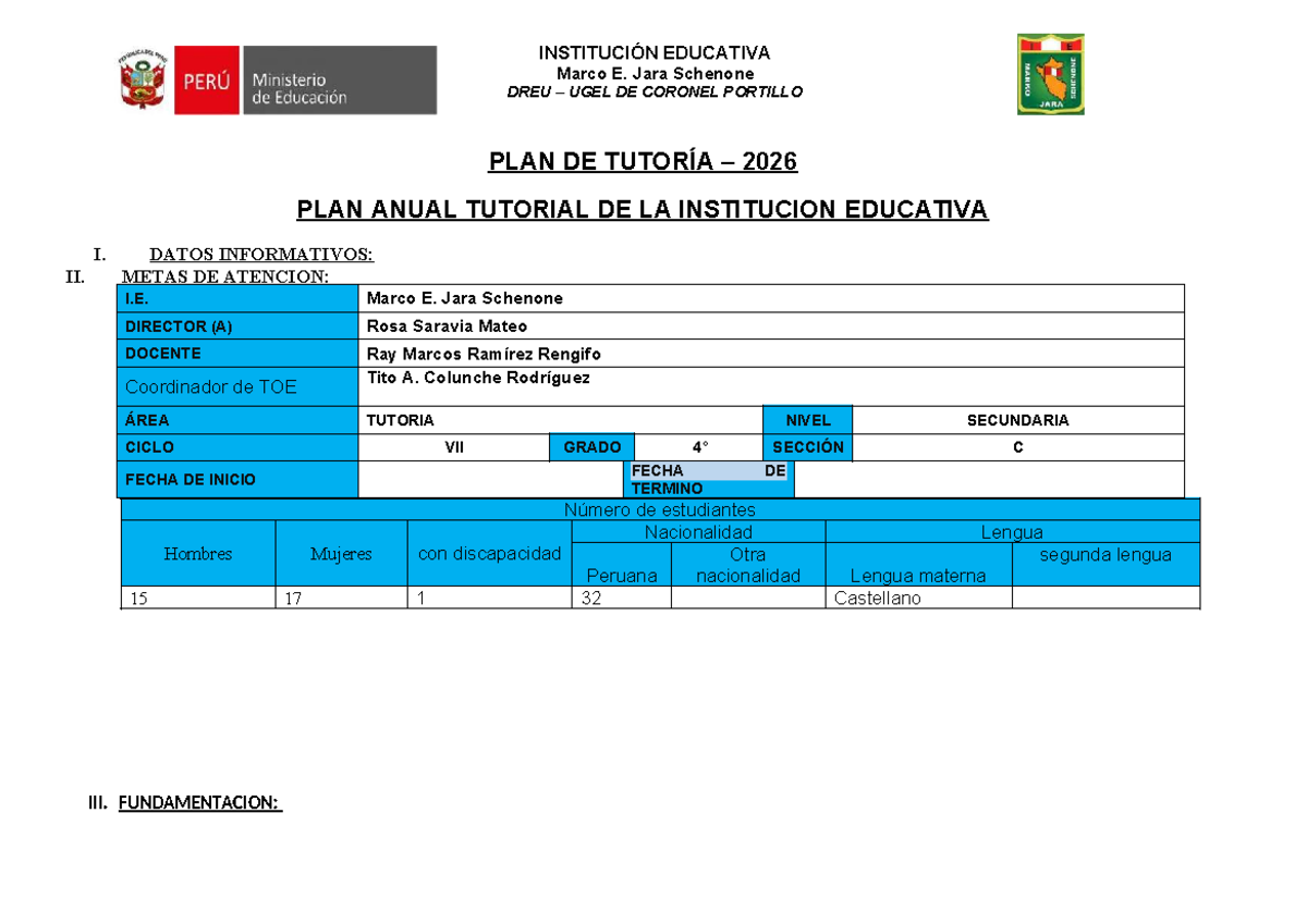 Plan Anual de Tutoría 4° Año 2026 - I.E. Marco E. Jara Schenone - Studocu
