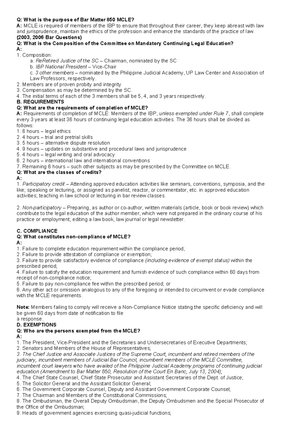 MCLE-Primer - notes - Q: What is the purpose of Bar Matter 850 MCLE? A ...