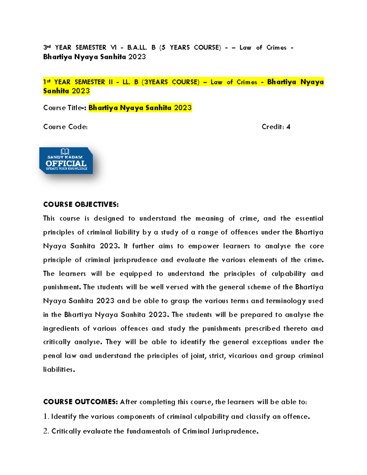 LLB 2nd Sem BNS भारतीय न्याय संहिता Expected Ques Paper 2023 - Studocu