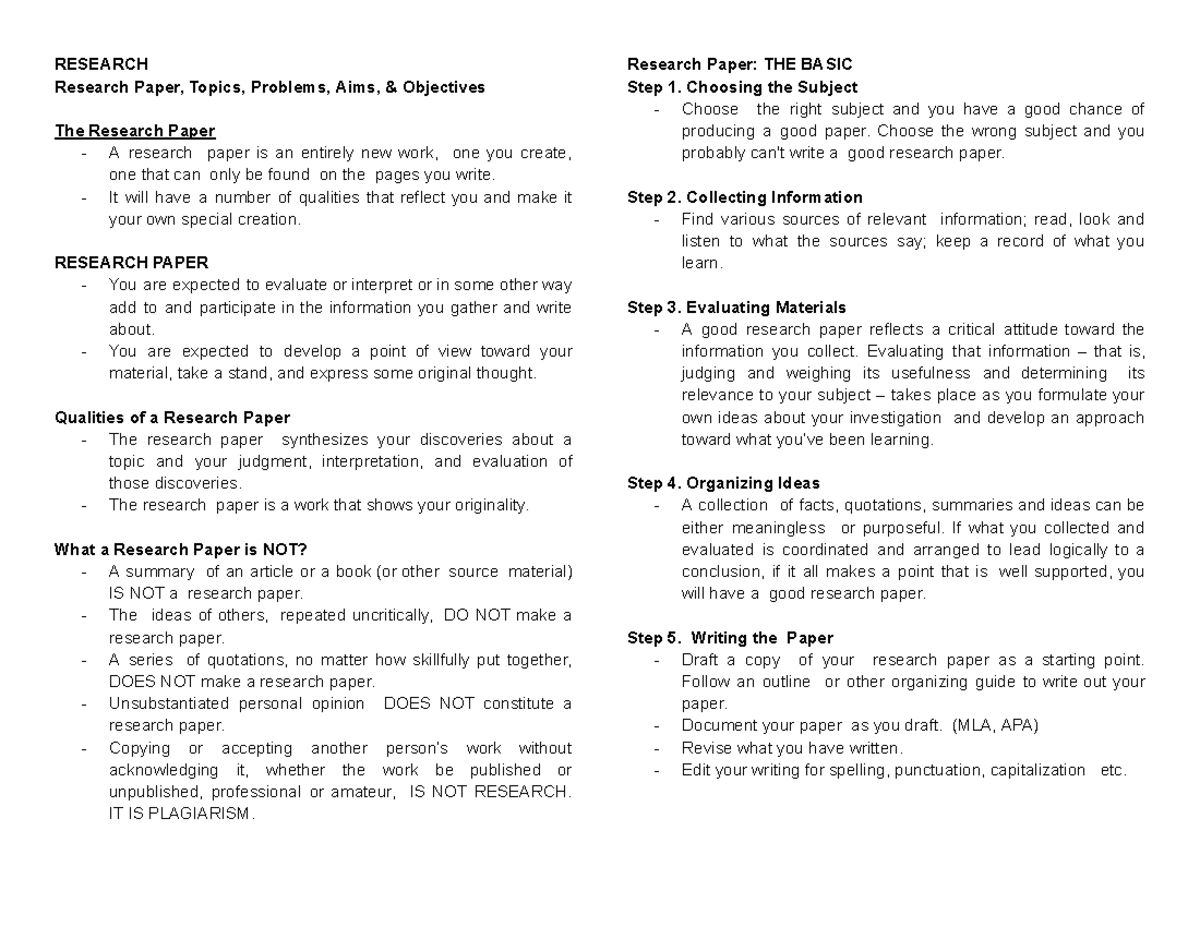 Research paper: Topics, problems, aims, and objectives (TW) - Studocu