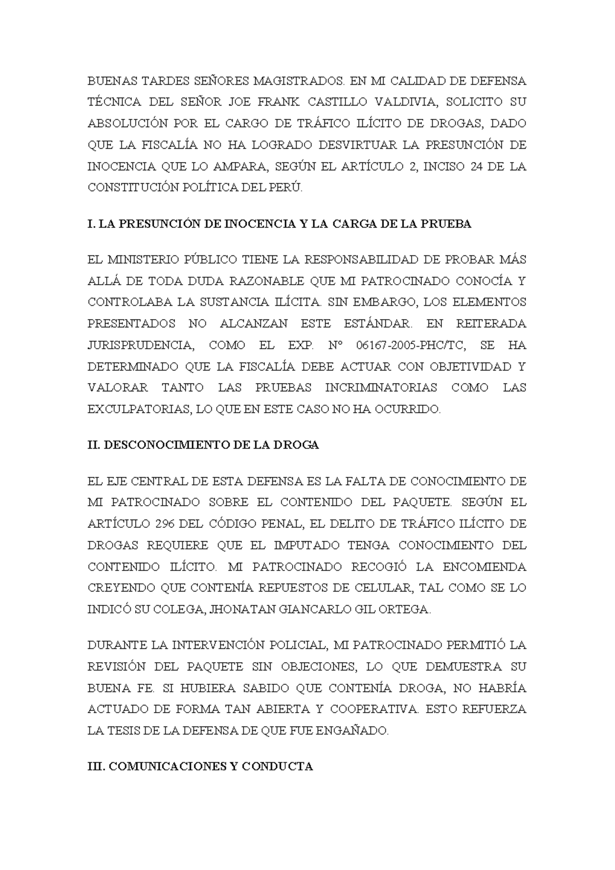 Alegatos Finales de Defensa en el Caso Joe Frank Castillo Valdivia ...