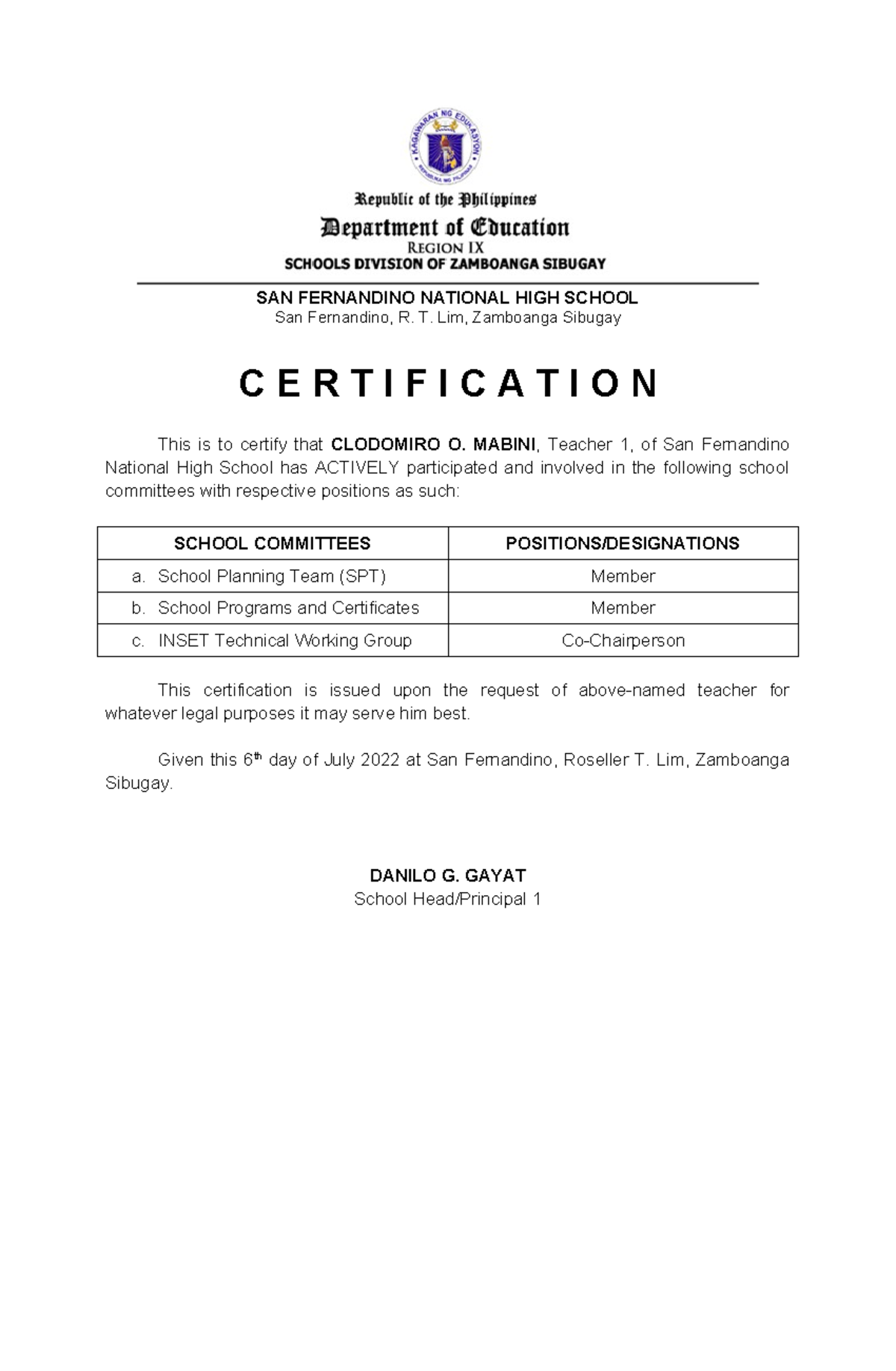 Certification of Committee Involvement for CLODOMIRO O. MABINI - Studocu