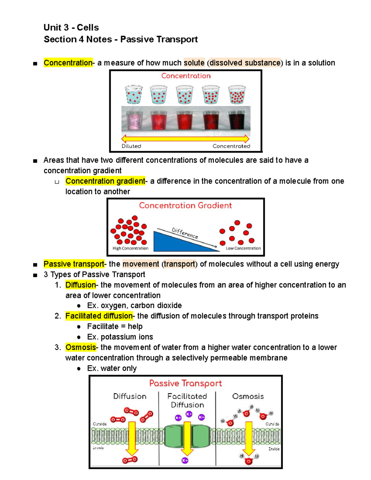 Unit 3 - Cells: Section 4 Notes on Passive Transport Methods - Studocu