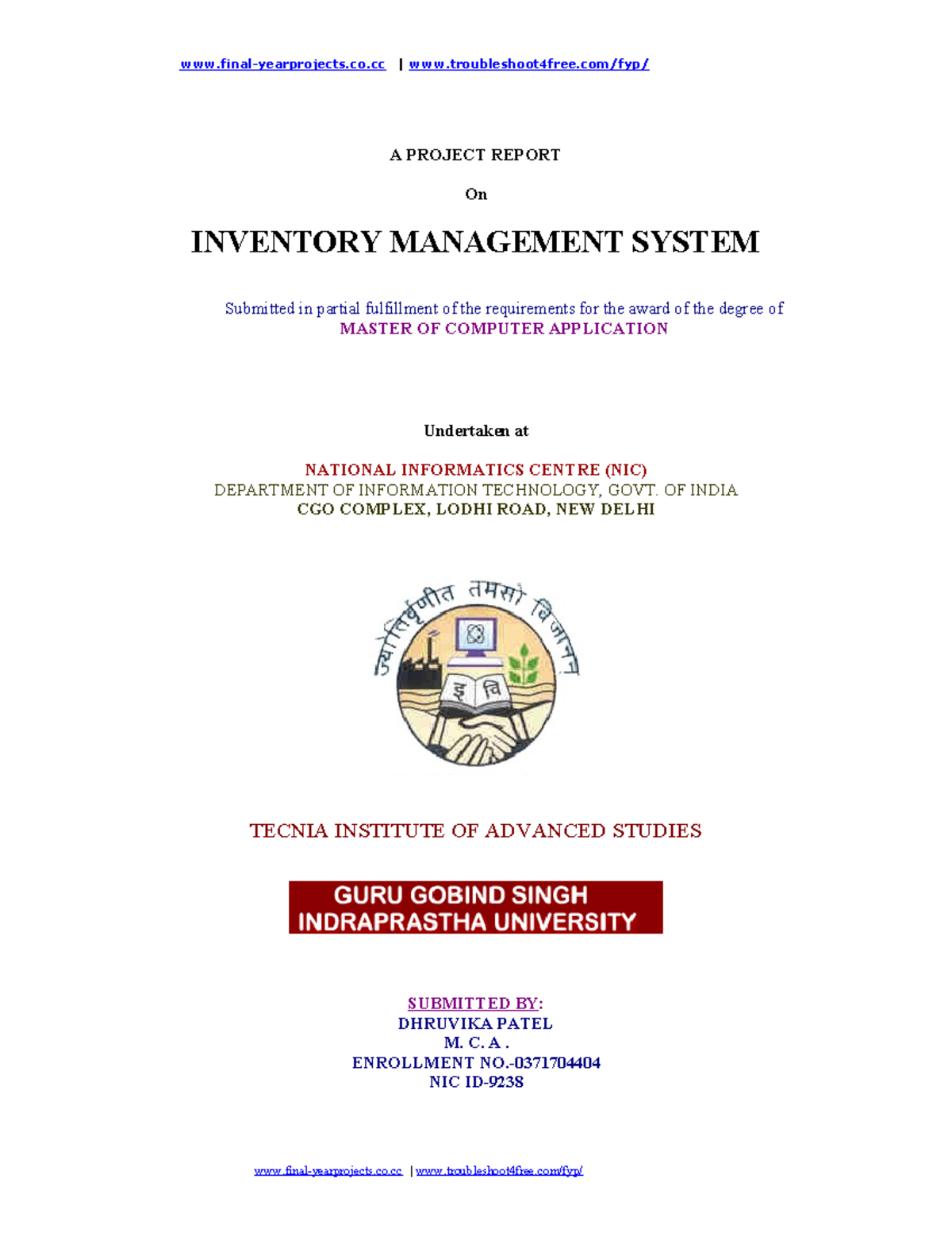 MCA Project Report: Inventory Management System at NIC - Studocu