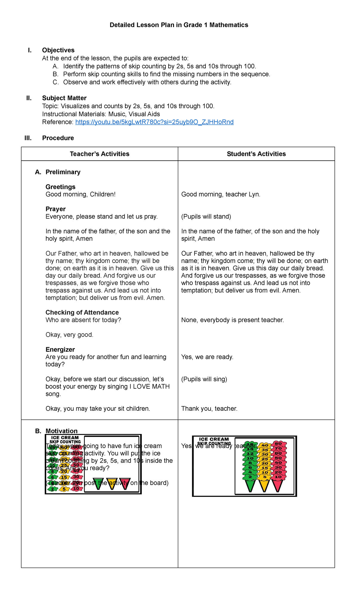 Detailed Lesson Plan for Grade 1 Math: Skip Counting 2s, 5s, 10s - Studocu