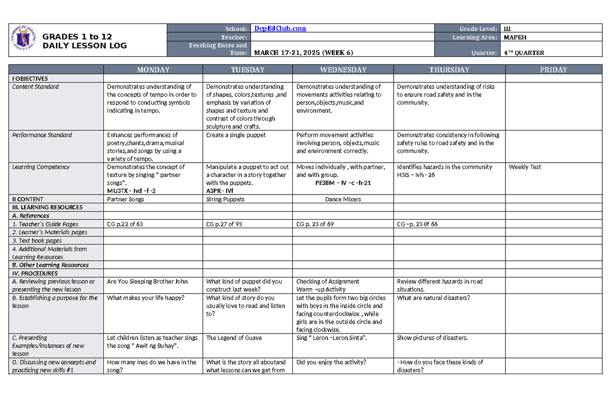 DLL Mapeh 3 Q4 W6 - GRADES 1 to 12 DAILY LESSON LOG School: DepEdClub ...