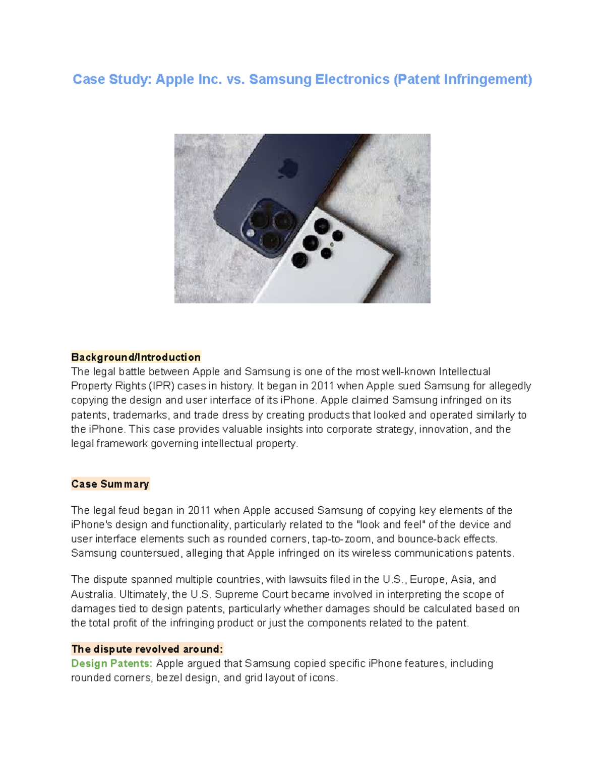 IPR Case Study: Apple Inc. vs. Samsung Electronics Patent Dispute - Studocu