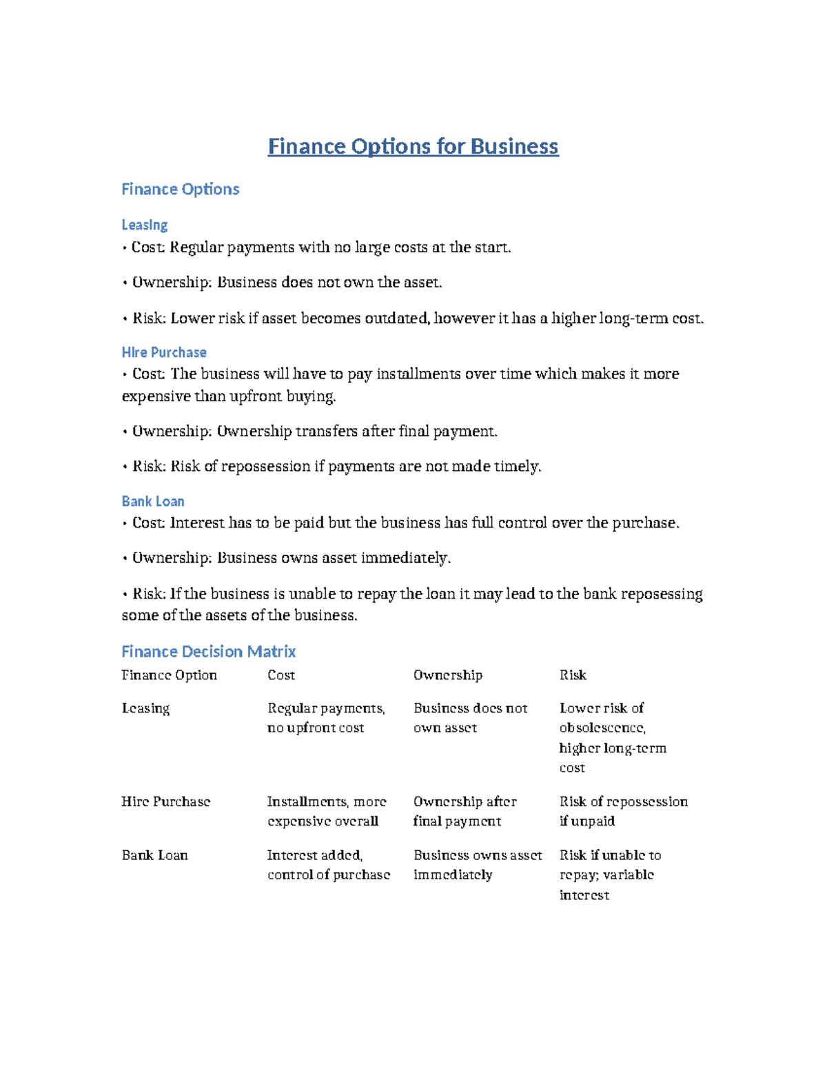 Finance Options for Business: A Comprehensive Overview - Studocu