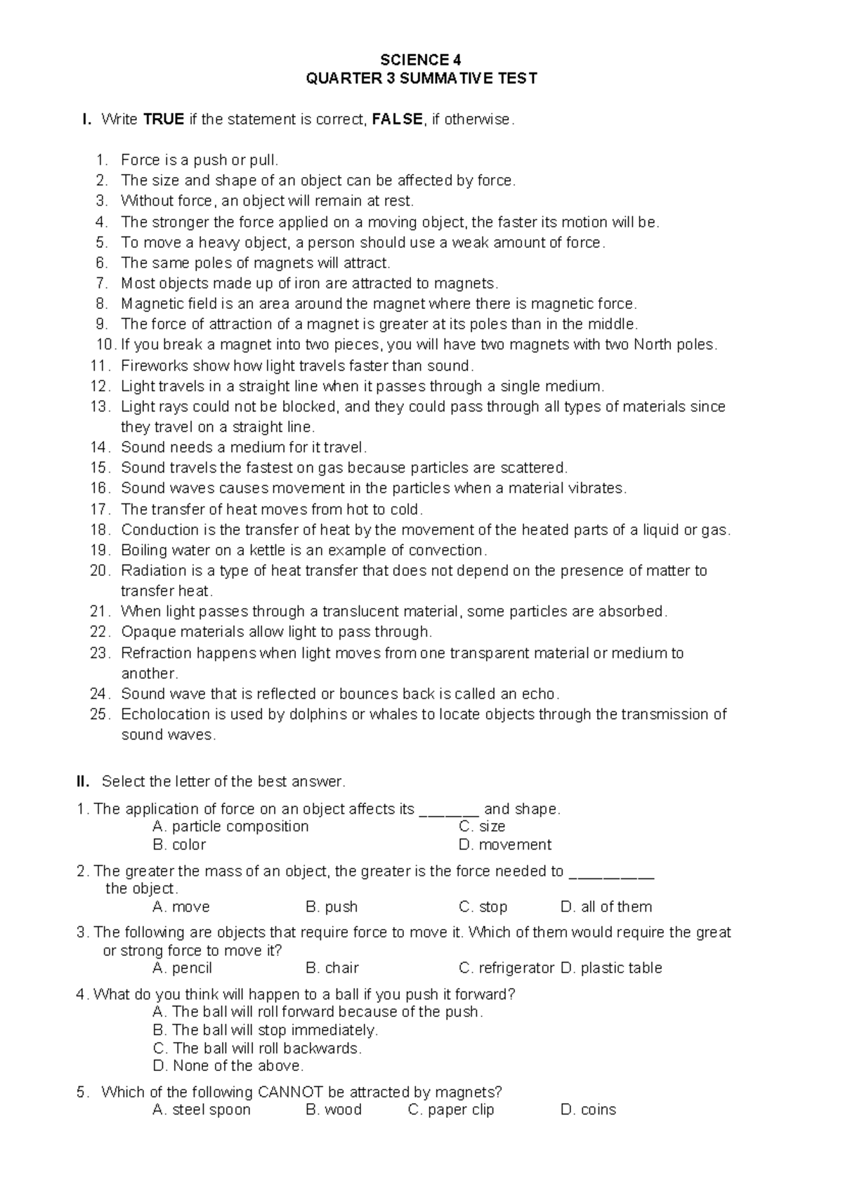 Quarter 3 Summative Test - Science 4 Evaluation Notes - Studocu