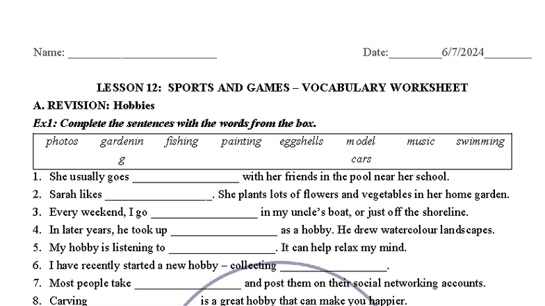 LESSON 12: SPORTS AND GAMES VOCABULARY WORKSHEET - Studocu