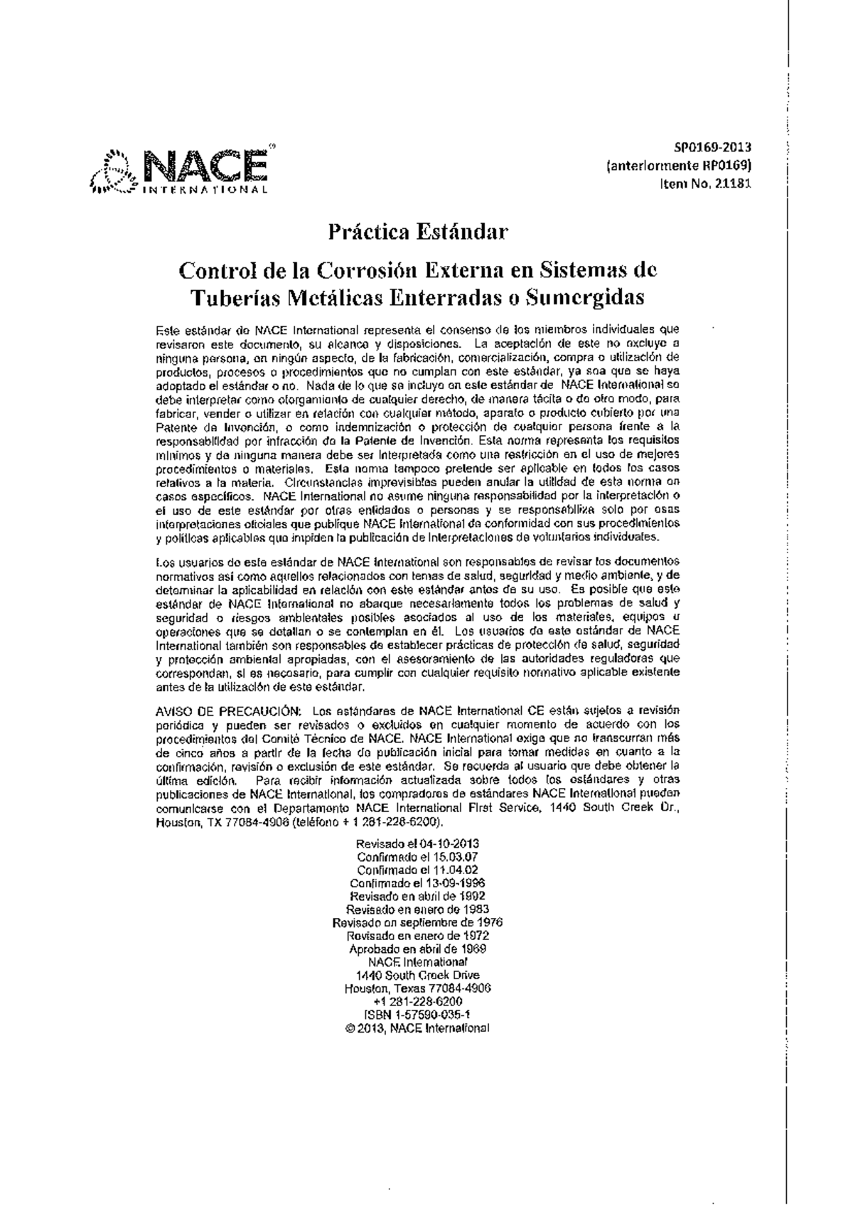 NACE RP0169 Estándar de Control de Corrosión en Tuberías Metálicas ...