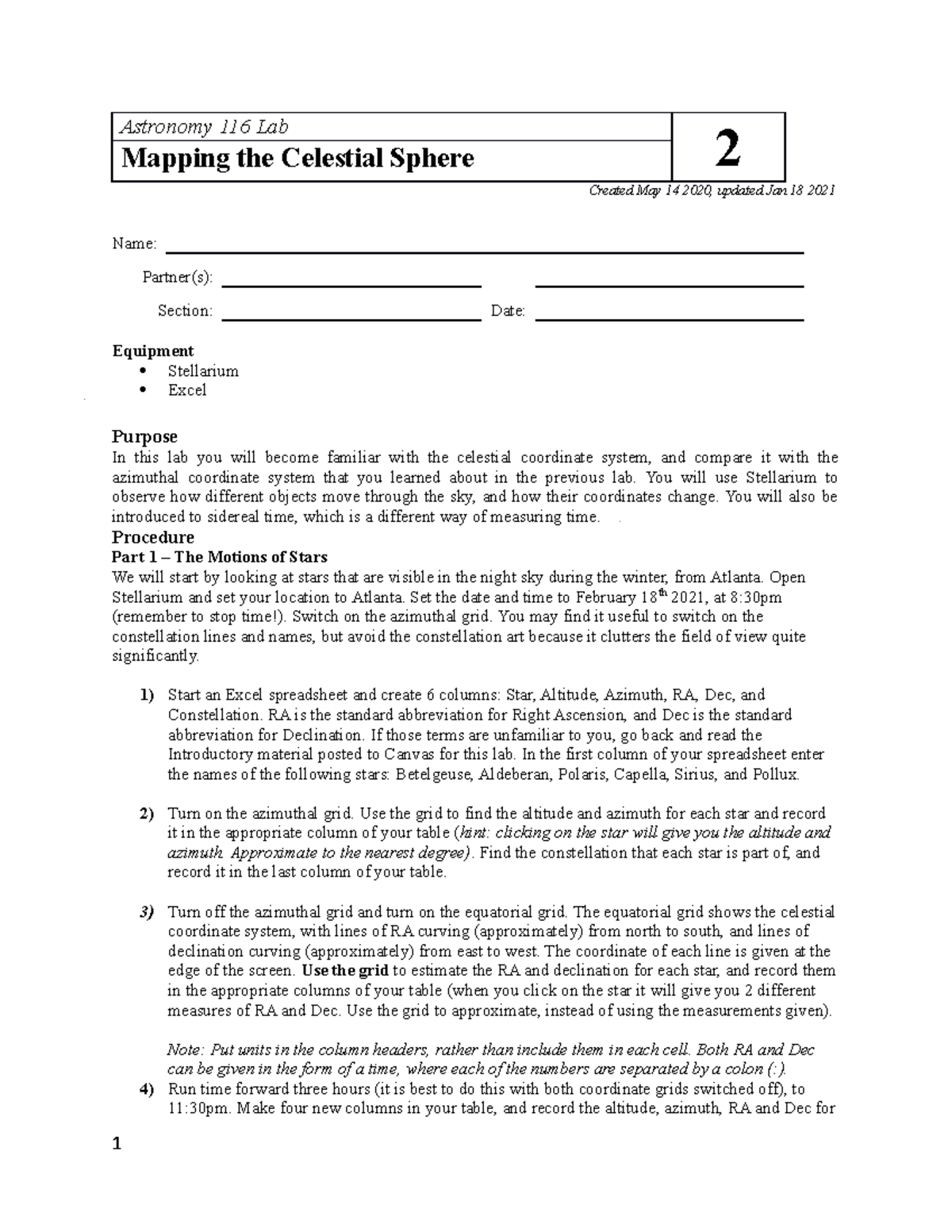 Astronomy 116 Lab: Mapping the Celestial Sphere II Guide - Studocu