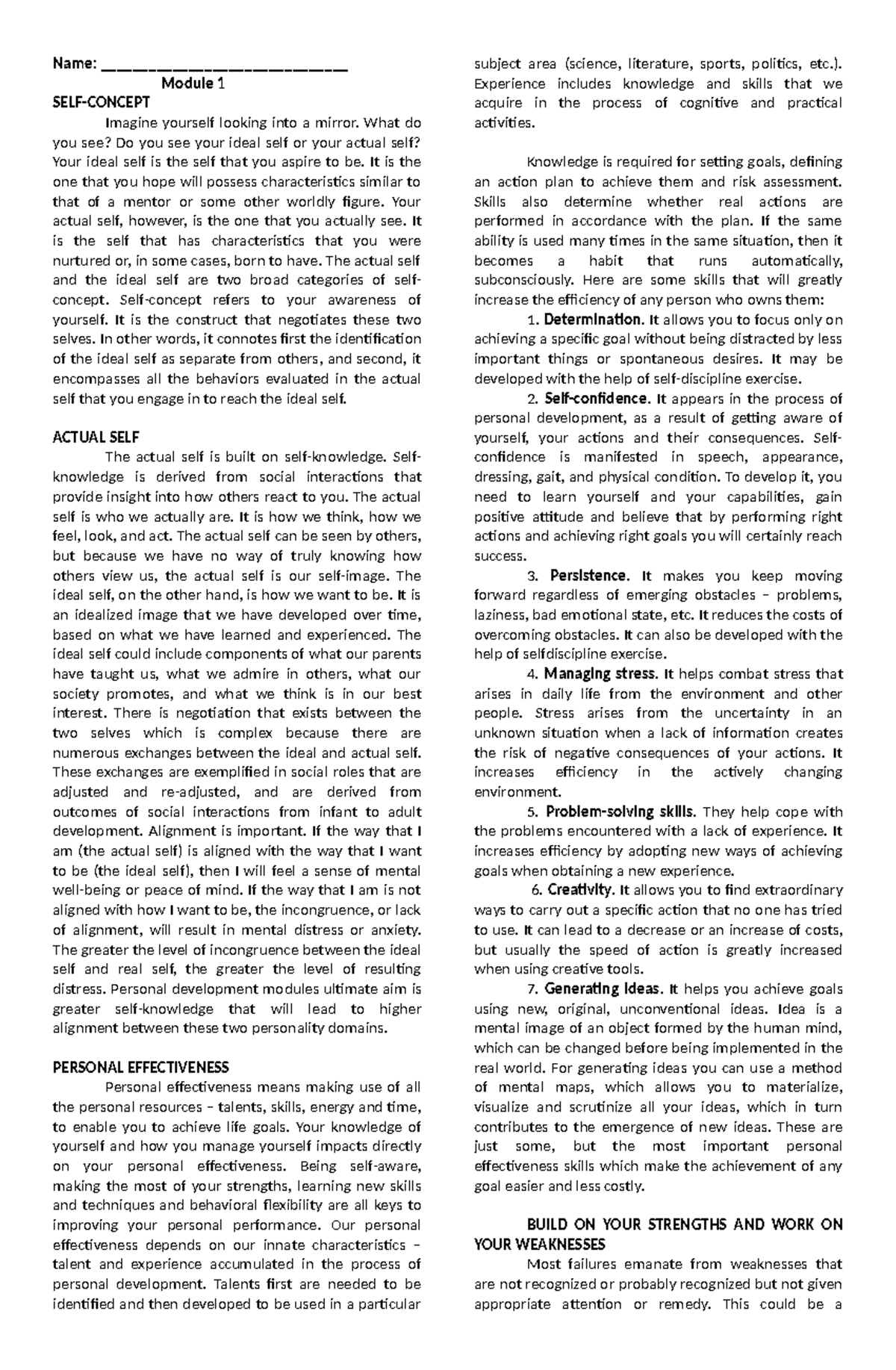 Personal Development Module 1: Exploring the Ideal vs. Actual Self ...