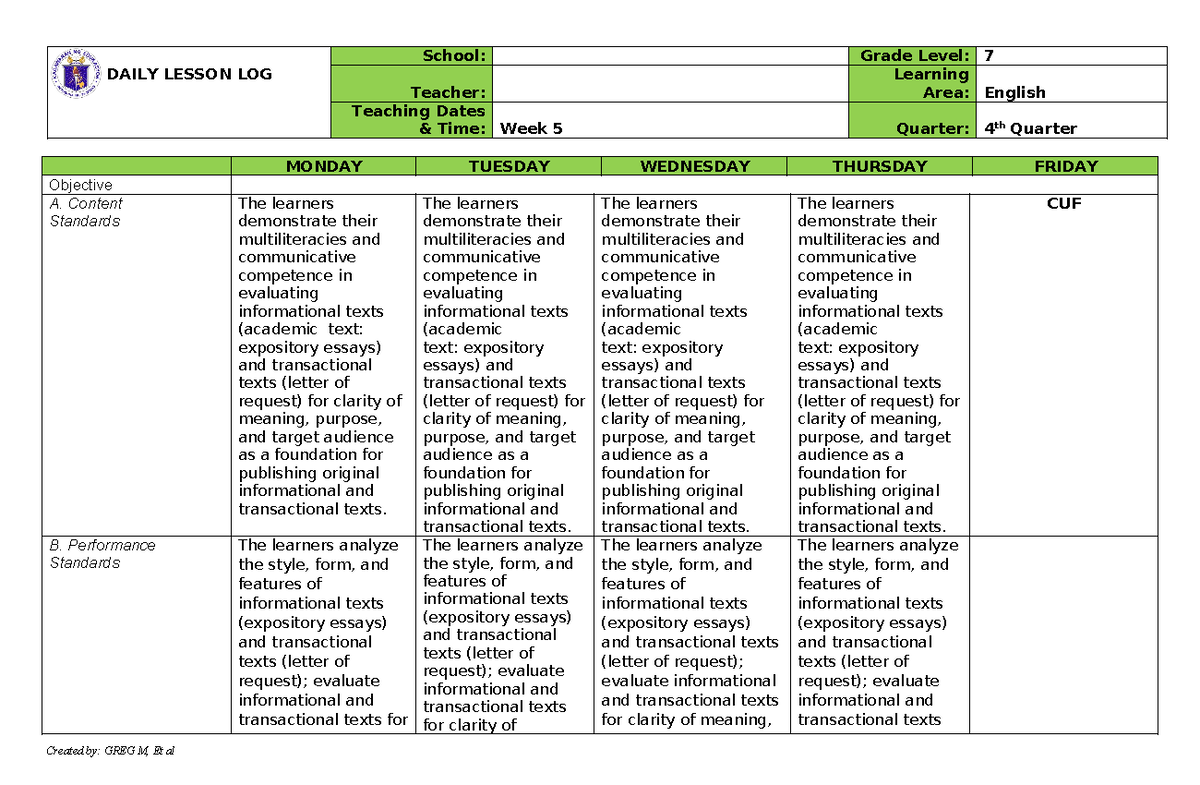 English 7 Q4 Week 5 Daily Lesson Log: Evaluating Informational Texts ...