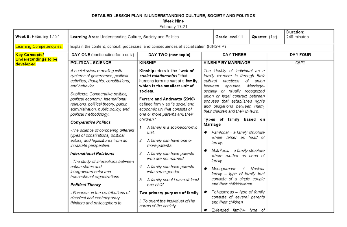 UCSP 11 Week 9 Detailed Lesson Plan: Kinship & Family Structures - Studocu