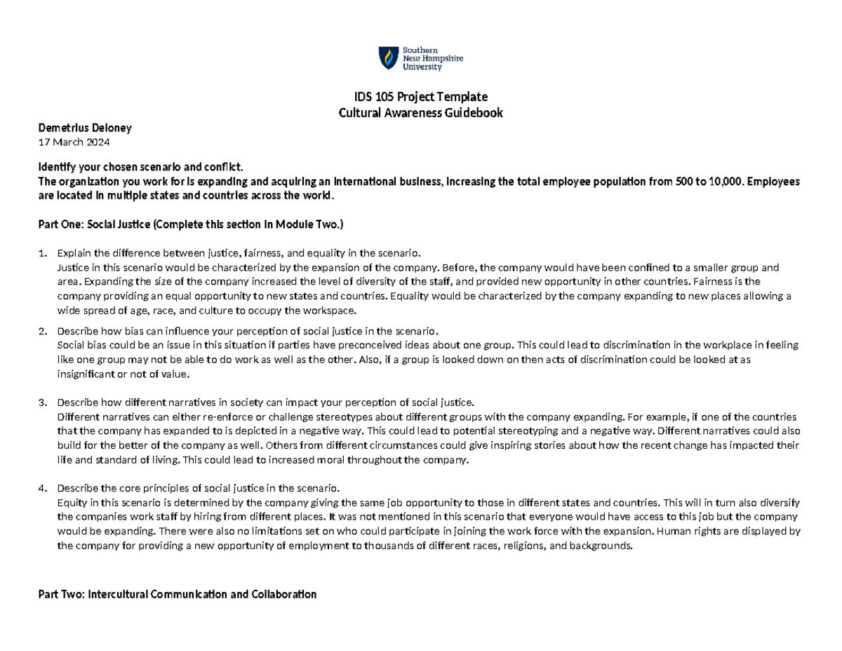 Cultural Awareness & Social Justice: IDS 105 Project Template - Studocu