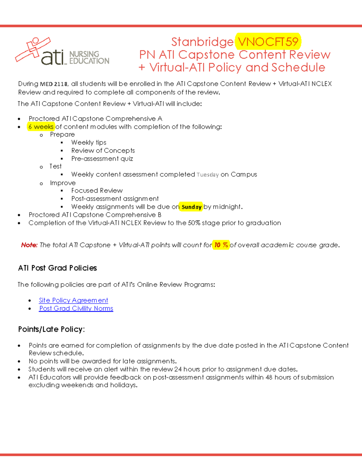 PN ATI Capstone Content Review & Schedule for MED 2118 - Studocu